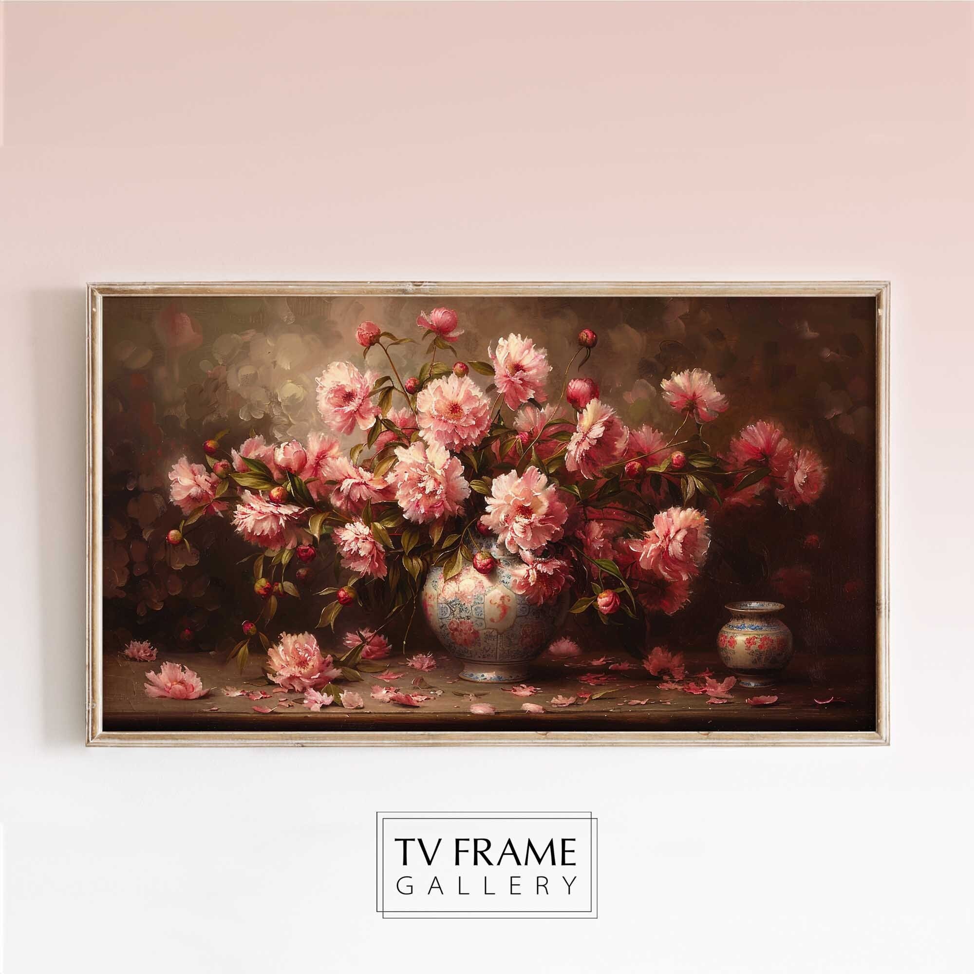 Frame TV Art - Elegant Pink Peonies in Vase Oil Painting on Textured ...