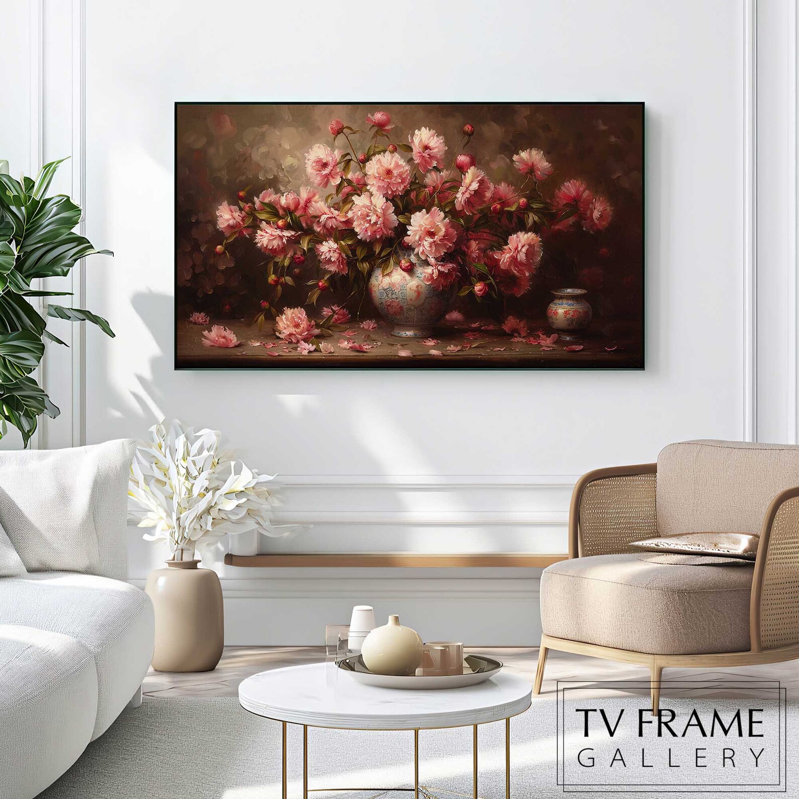 Frame TV Art - Elegant Pink Peonies in Vase Oil Painting on Textured ...