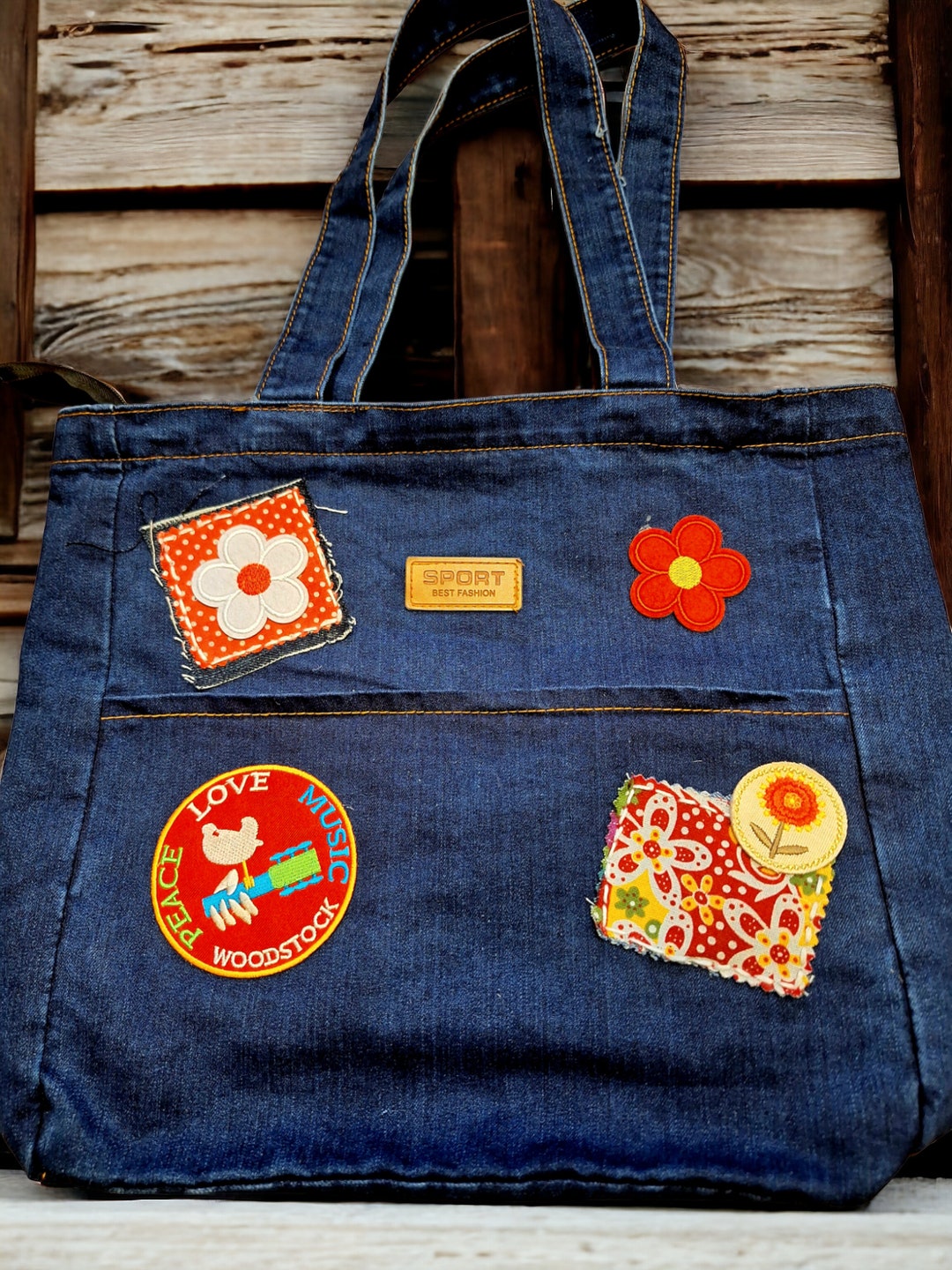 Denim Woodstock Patch Bag, Boho Purse, Denim Shoulder Bag With Zipper ...