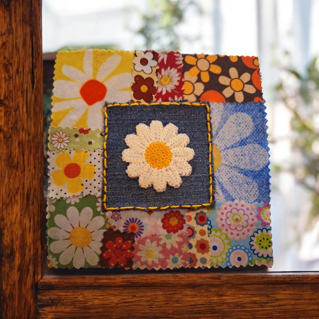 Textile Art, 6x6 Inches Handmade Fabric Collage, Denim Patch, Fabric Scrap Art, Bag Patch ...