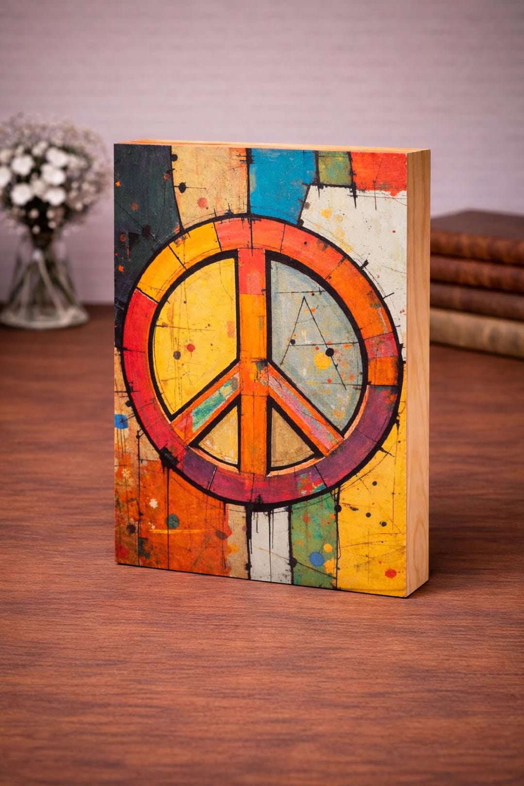 Peace Sign Art Board: Boho Floral Wood Decor, Mounted Shelf Sitter - Etsy