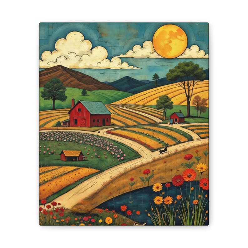 Folk Art Farmhouse Landscape Canvas Print, Country Home Decor - Etsy