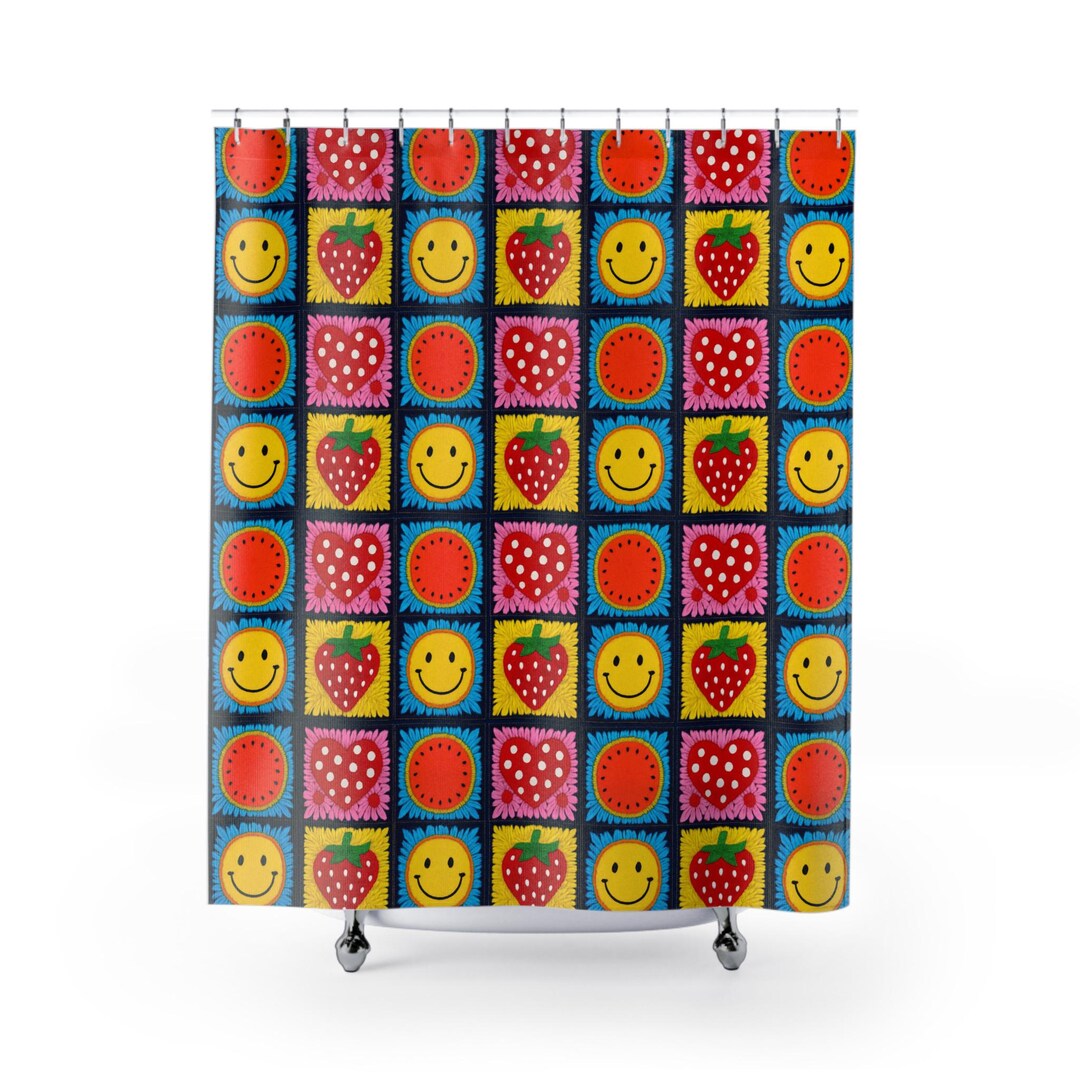 Colorful Retro Fruit & Smiles Shower Curtain, Fun Bathroom, Summer ...
