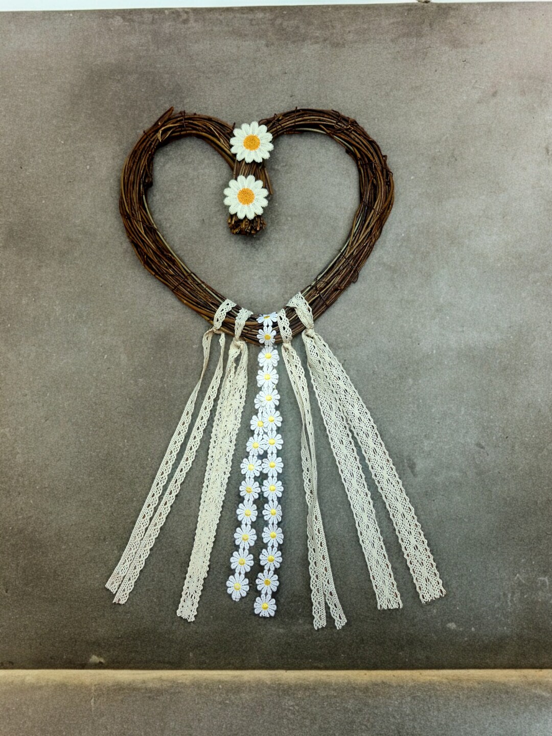 Rustic Lace Heart Wreath. Handmade Lace and Daisy Heart Wreath, Boho ...