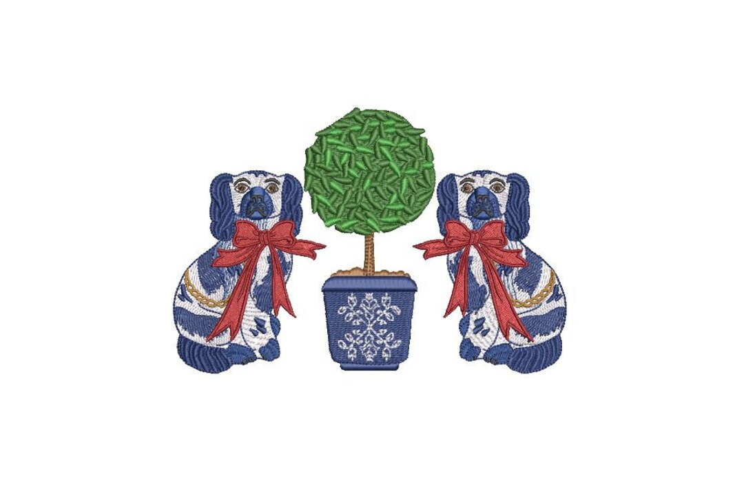 Spaniels Bows Topiary Embroidery - Chinoiserie Chic - Machine ...