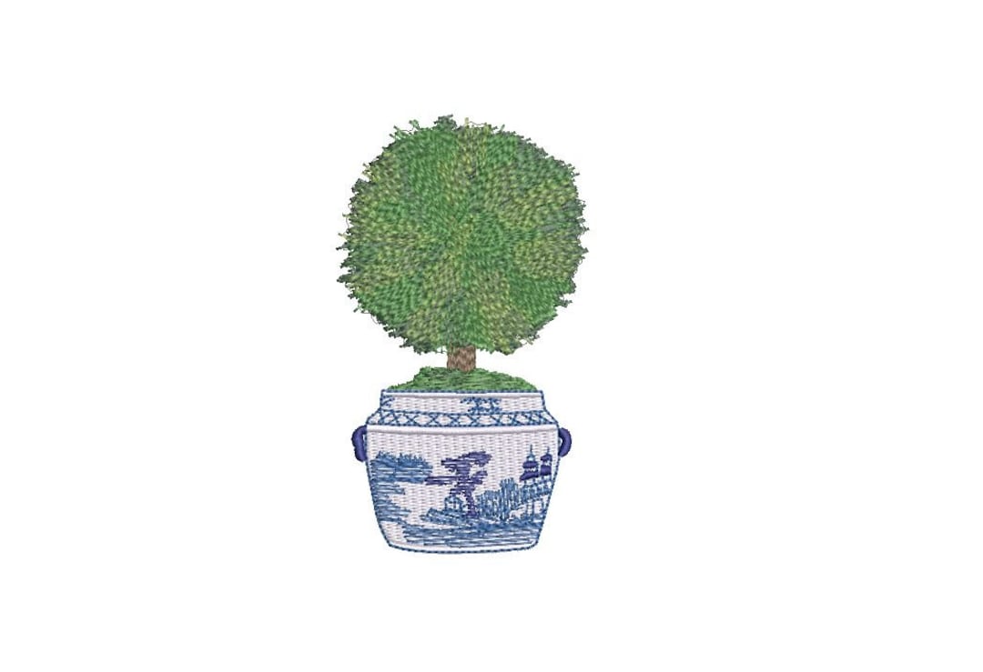 Chinoiserie Boxwood Topiary Embroidery - Hamptons Pot Plant - Machine ...