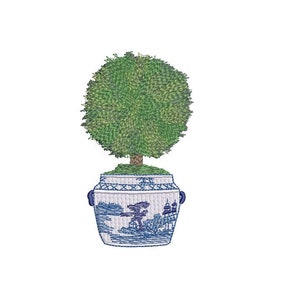 Chinoiserie Boxwood Topiary Embroidery - Hamptons Pot Plant - Machine ...