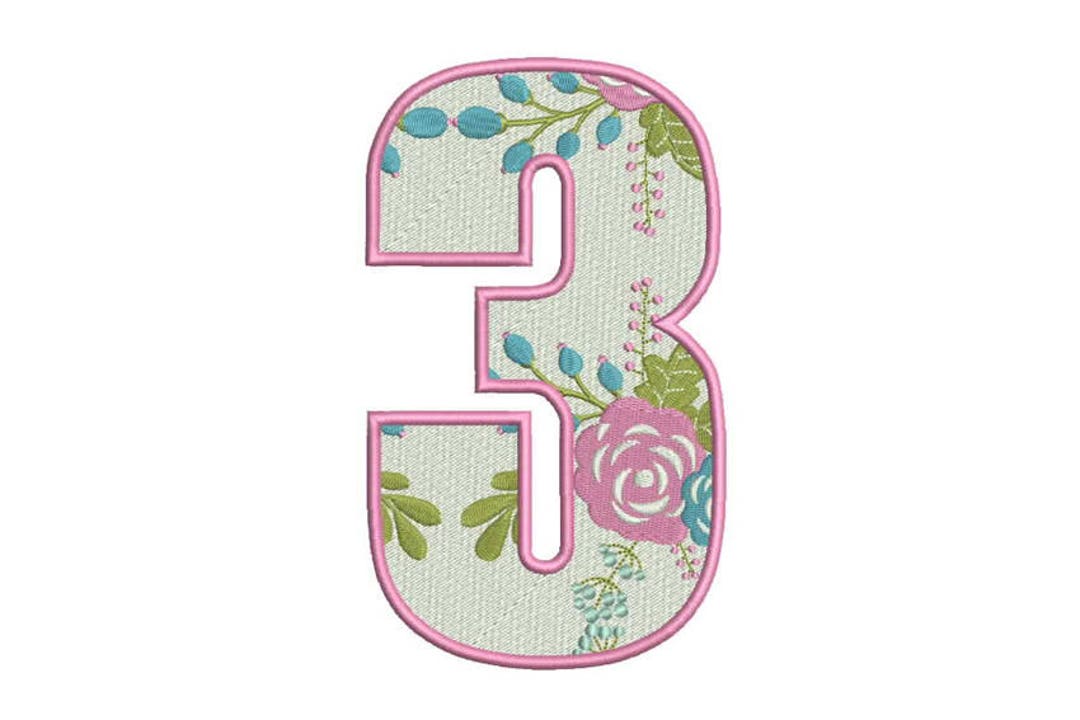 Number 3 - THREE - Floral - Third Birthday- Machine Embroidery File ...