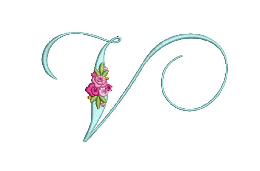 Pretty Rose Script LETTER V Machine Embroidery File Design - 5 X 7 Inch ...