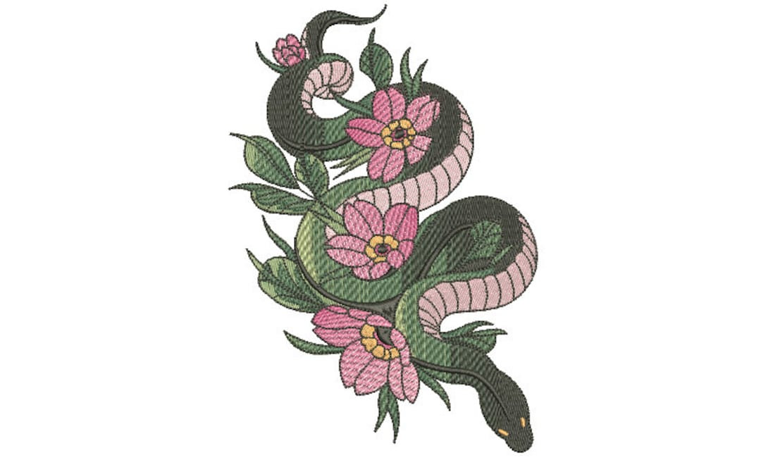 Green Snake Flowers Embroidery Design - Urban Modern Machine Embroidery ...