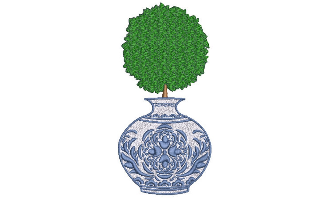 Chinoiserie Embroidery - Topiary Tree - Hamptons Pot Plant - Machine ...