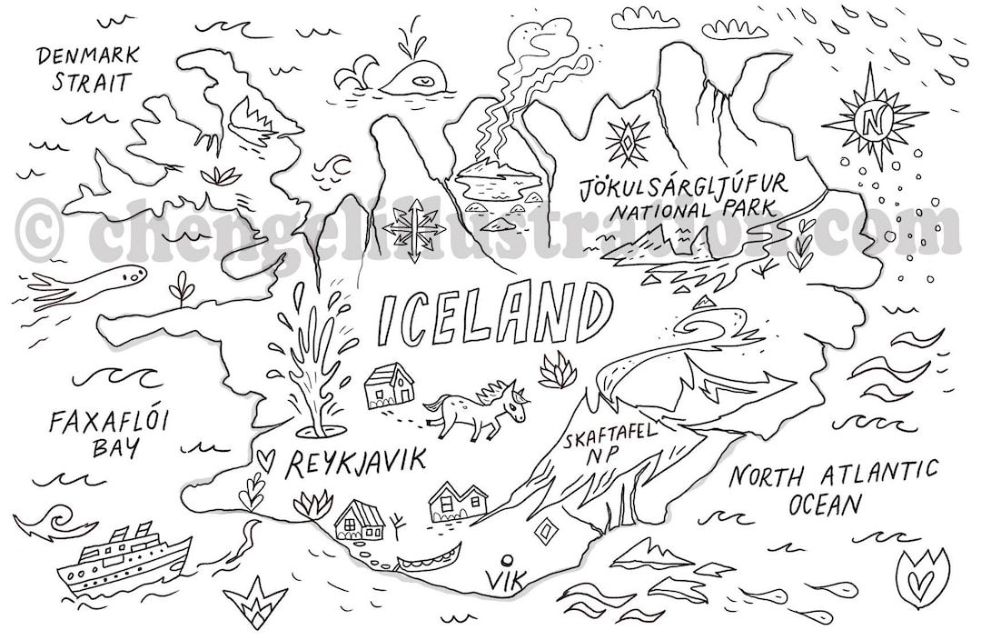 Iceland Colouring Map - Digital Print Download - Icelandic Nordic Icons ...
