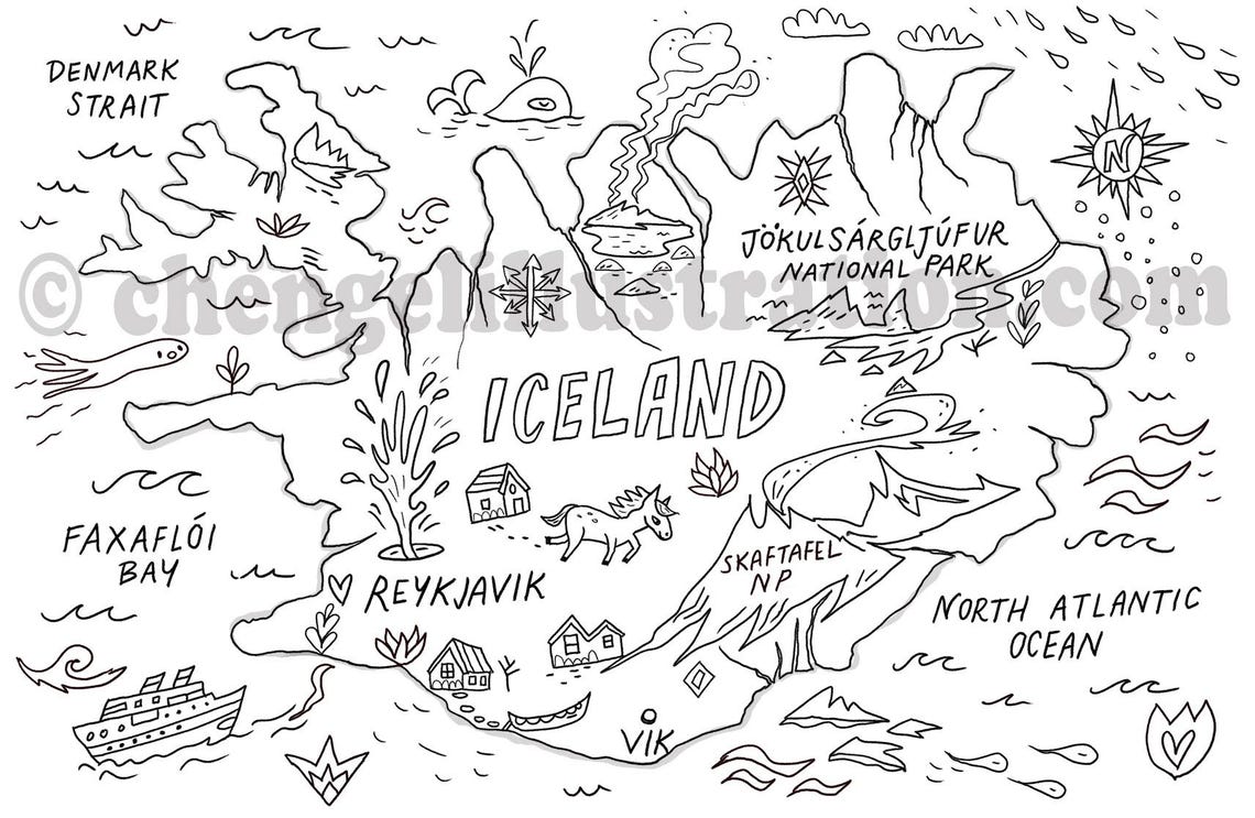 Iceland Colouring Map - Digital Print Download - Icelandic Nordic Icons ...