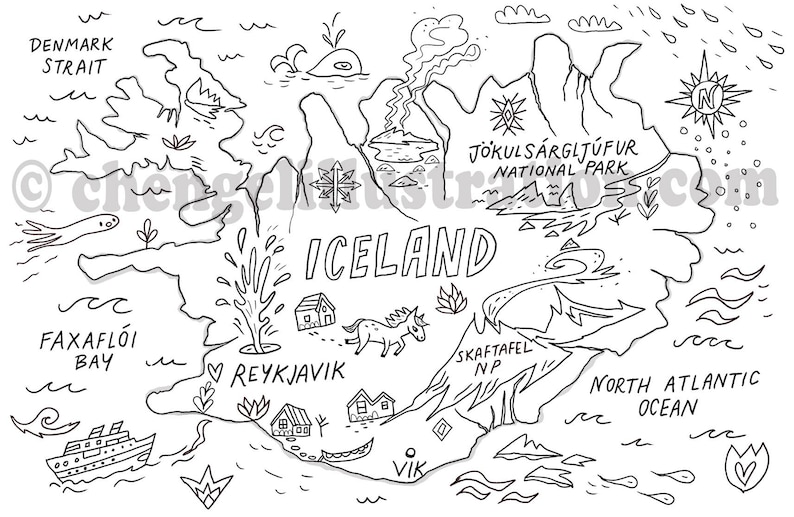 Iceland Colouring Map - Digital Print Download - Icelandic Nordic Icons ...