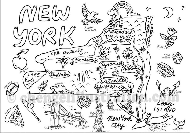 New York State Colouring Map - Digital Print Download - NY State Icons ...