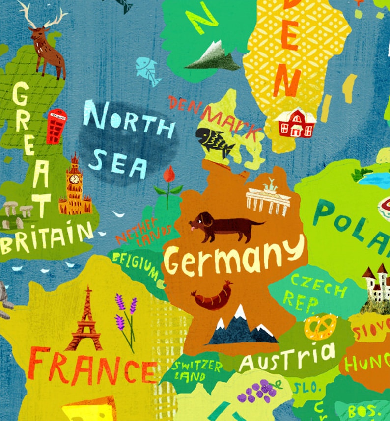 Europe Map Illustration / Digital print poster / Kids Room | Etsy