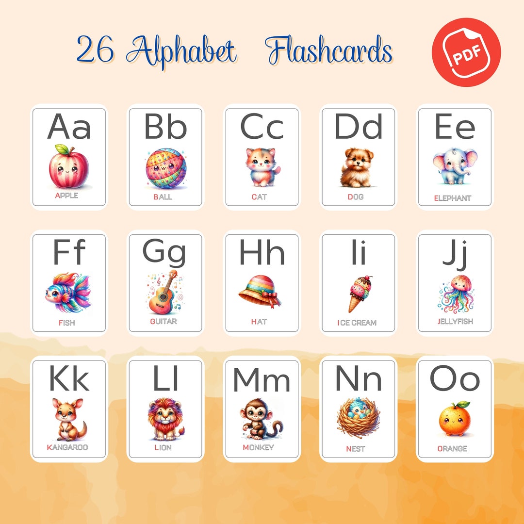 Cute Alphabet Flashcards for Kids, ABC Learning Cards, Preschool ...