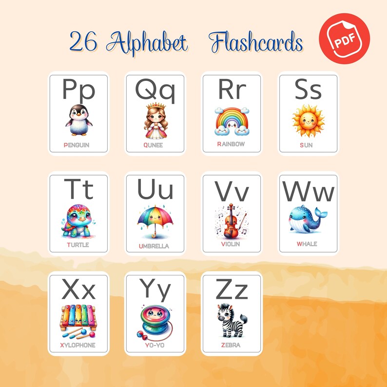 Cute Alphabet Flashcards for Kids, ABC Learning Cards, Preschool ...