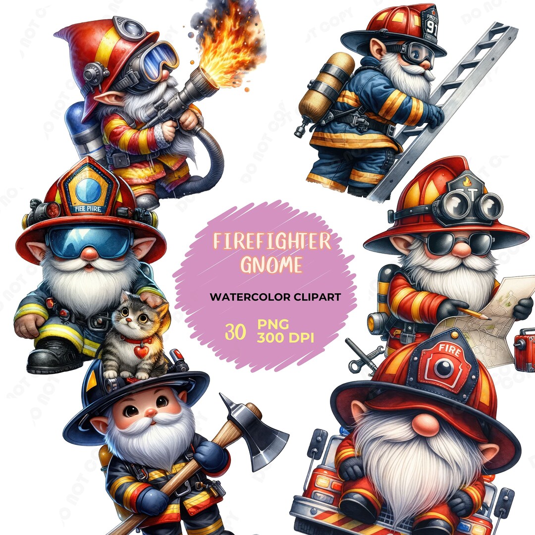 Firefighter Gnome Fireman Gnome Fire Truck Fire Extinguisher Watercolor ...