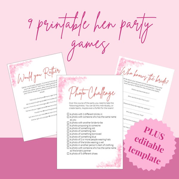 Printable Hen Party Games Set of 9 Ready to Print and Editable Pink ...