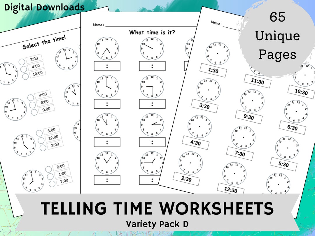 65 Telling Time Worksheets - Variety Pack D, Printable Worksheet ...