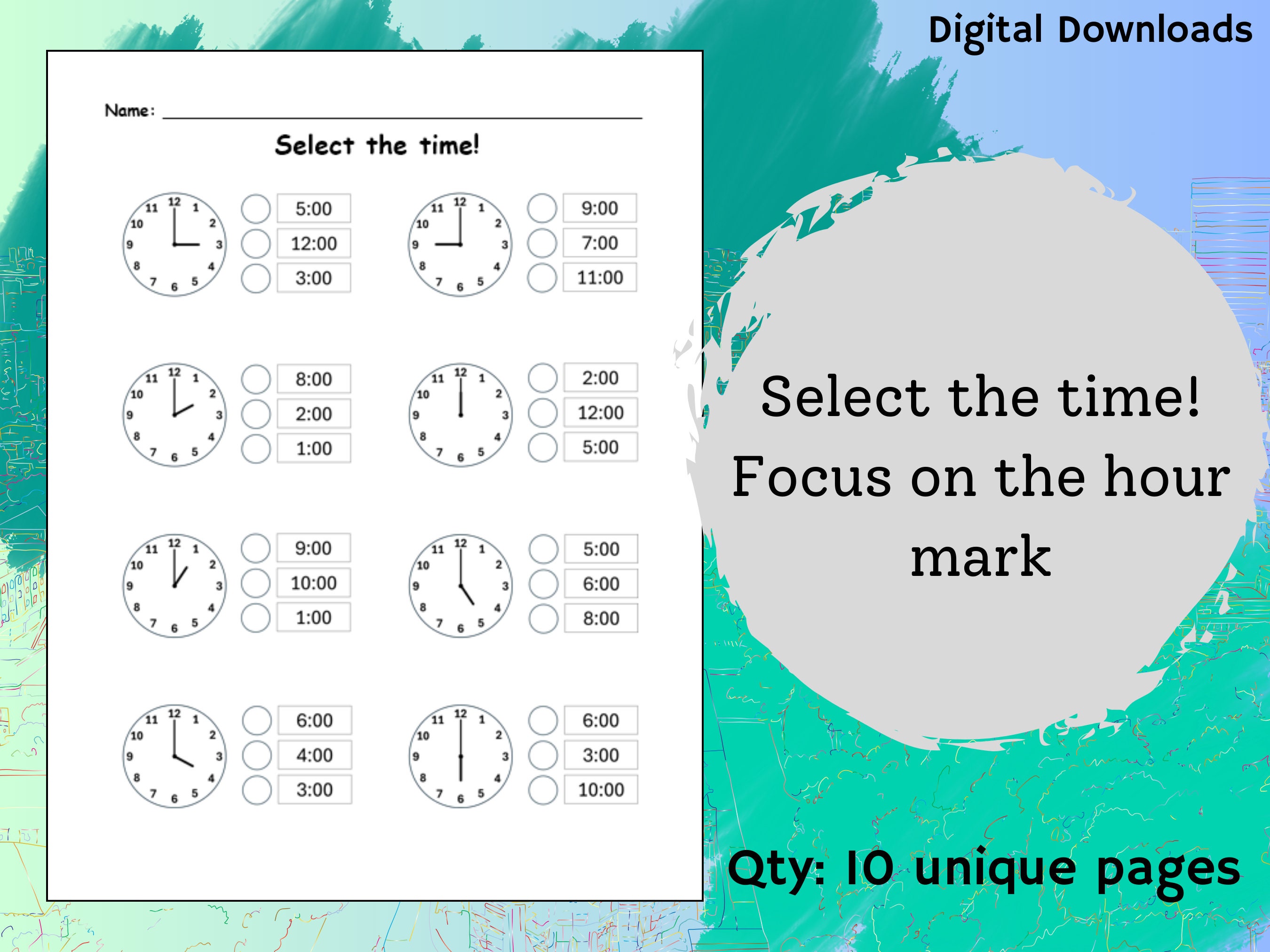 65 Telling Time Worksheets Variety Pack E, Printable Worksheet ...