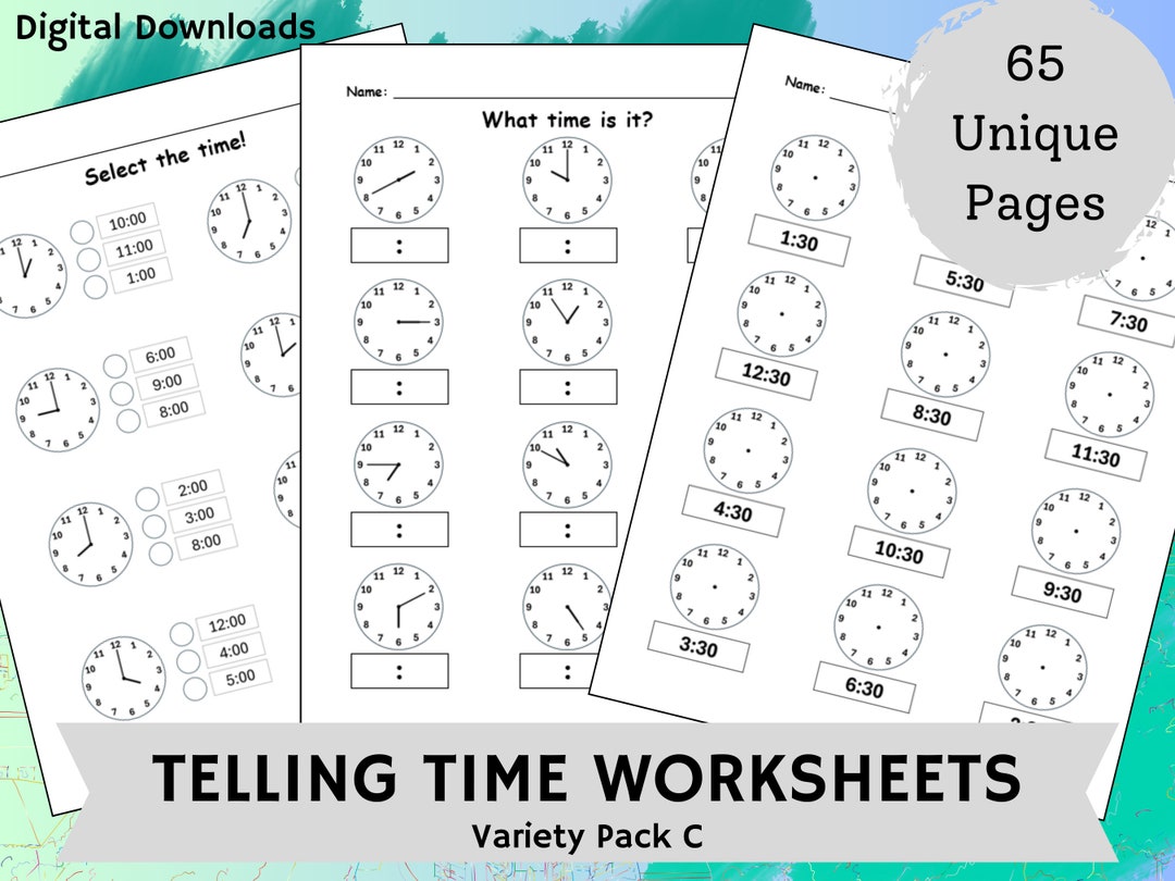 65 Telling Time Worksheets - Variety Pack C, Printable Worksheet ...
