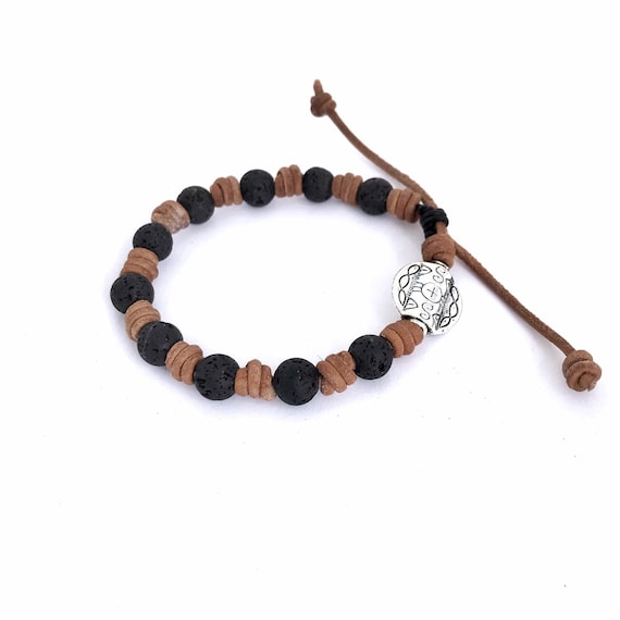 Leather Rosary Bracelet With Black Lava Stone Beads. Catholic One Decade Adjustable Bracelet for Men Etsy