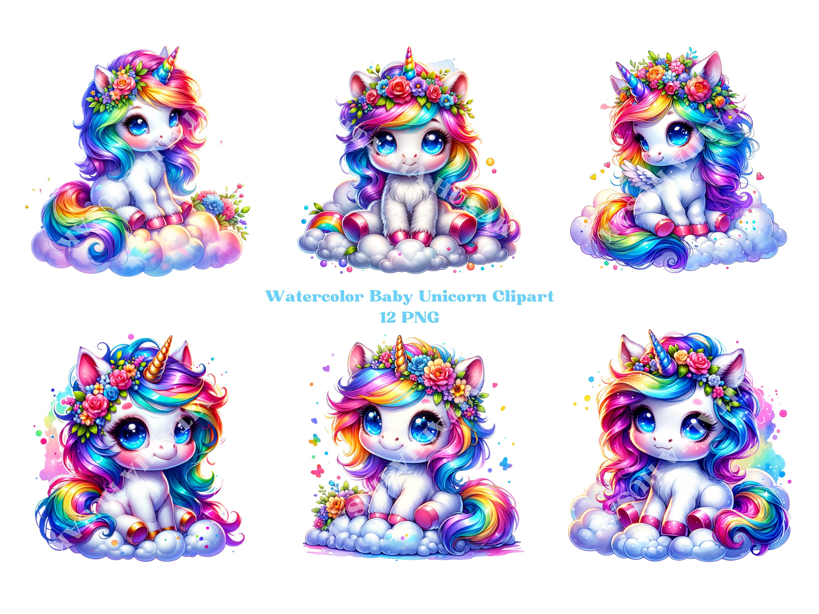 Rainbow Unicorn Clipart, Unicorn 12 PNG, Watercolor Baby Unicorn ...