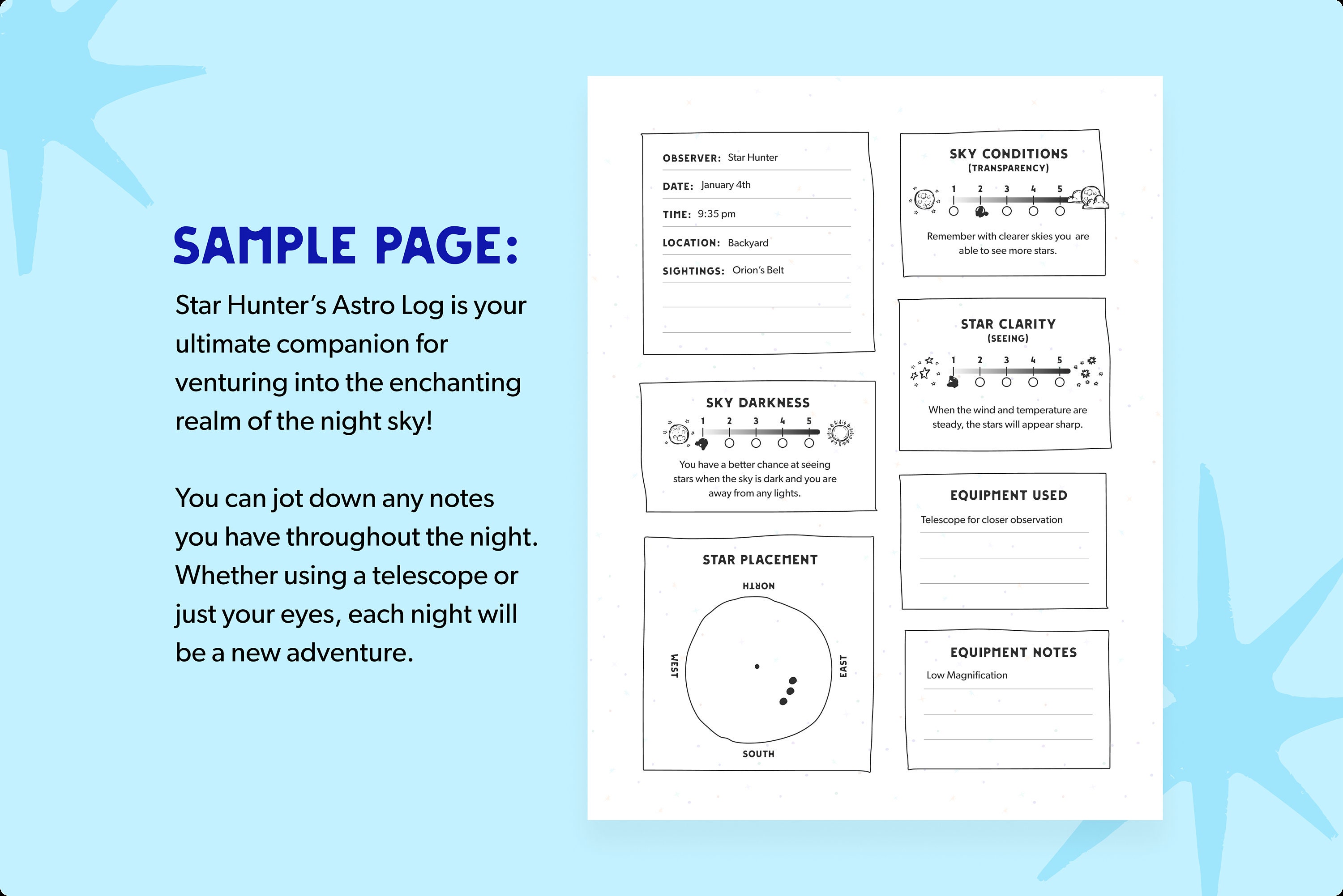 Printable Star Hunters Astro Log digital Download 8.5x11 Stargazing Observation & Sketch ...