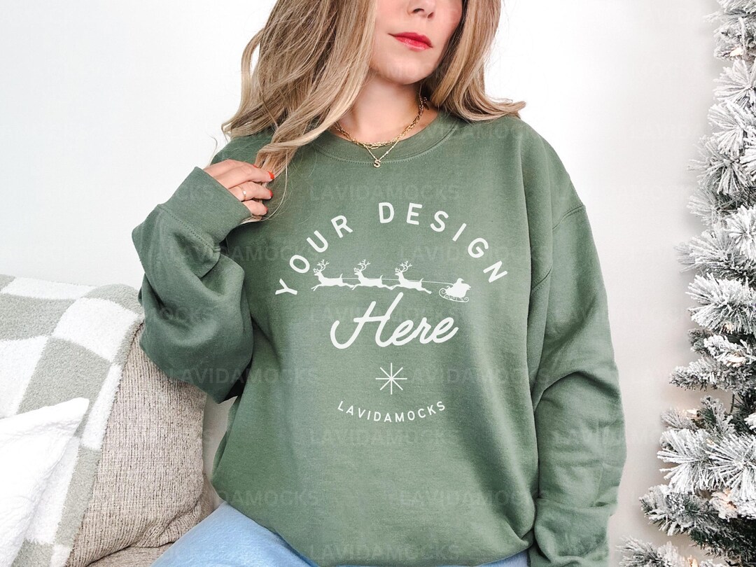 Gildan 18000 Military Green Christmas Mockup Real Person Mockup Green ...