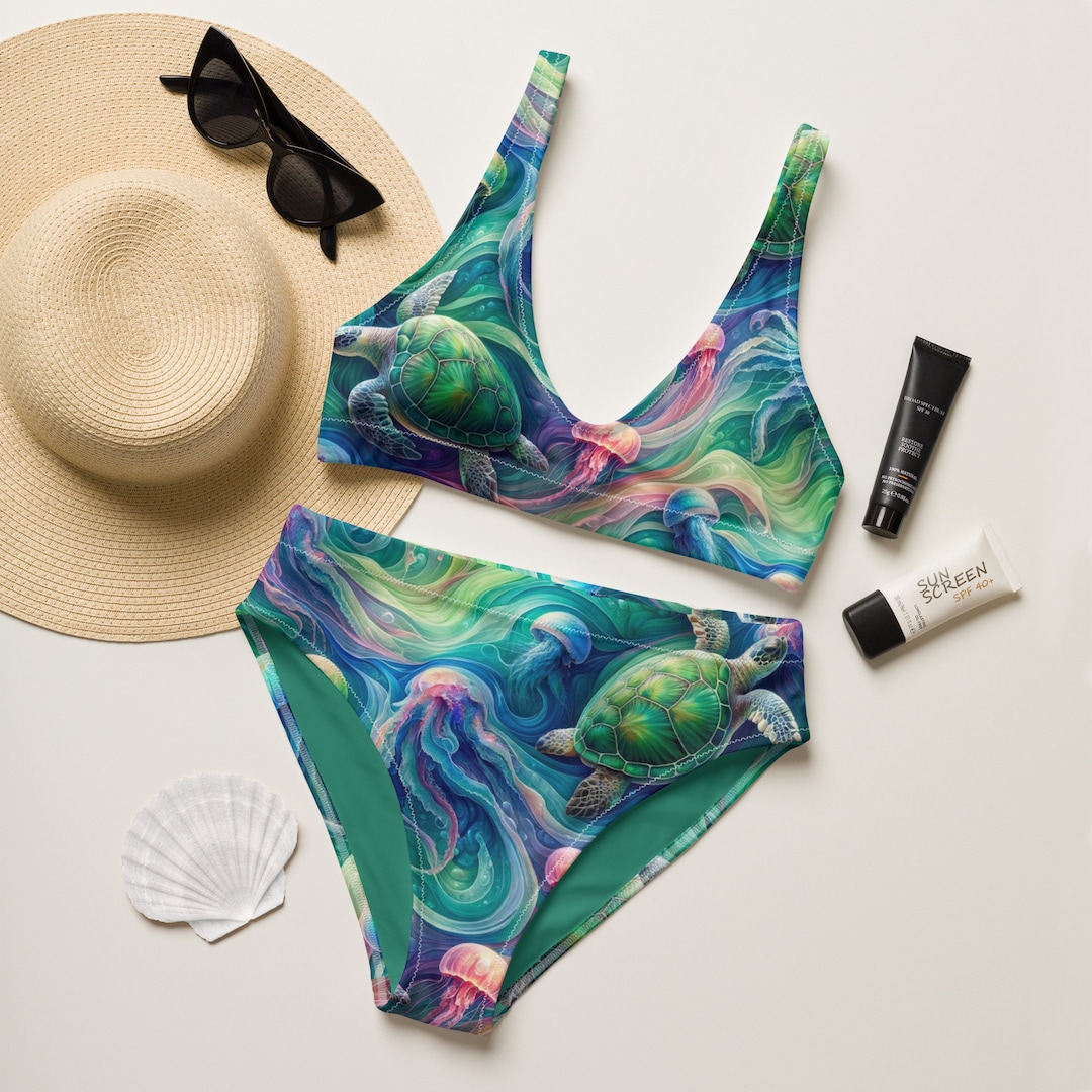 Psychedelic Sea Turtle and Jellyfish Recycled High-waisted Bikini - Etsy