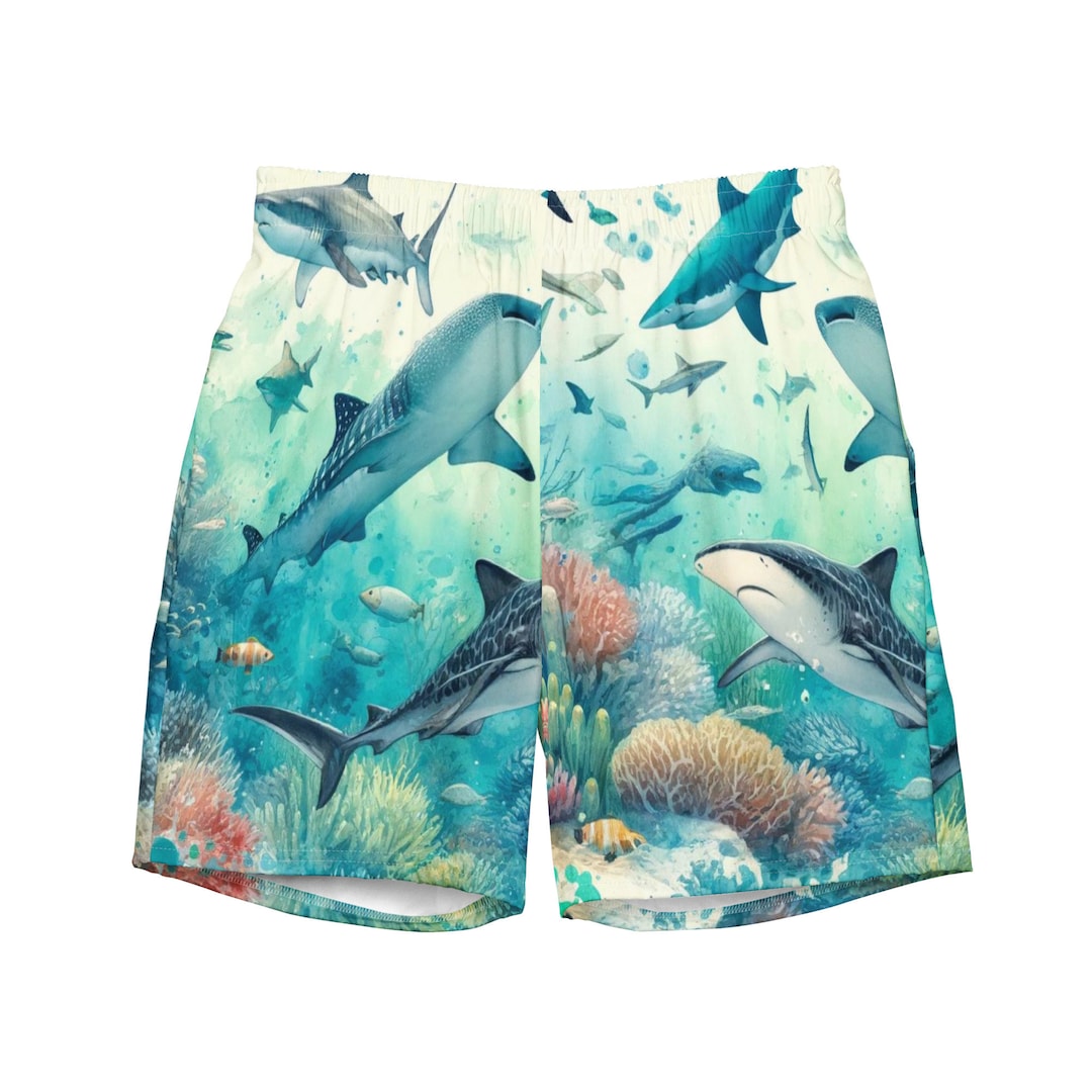 Shark Frenzy Men's Swim Trunks, Ocean Themed Apparel, Scuba Diving ...
