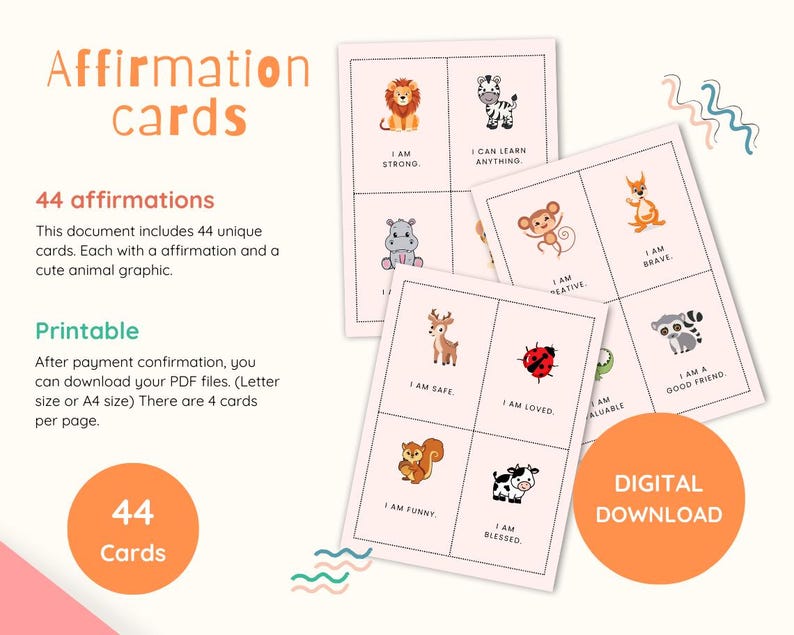 Affirmation Cards for Kids Printable, Animal Theme, Children's Positive ...
