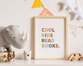 Beige Cool Kids Read Books Printable, Kids Reading Book, Playroom Wall ...