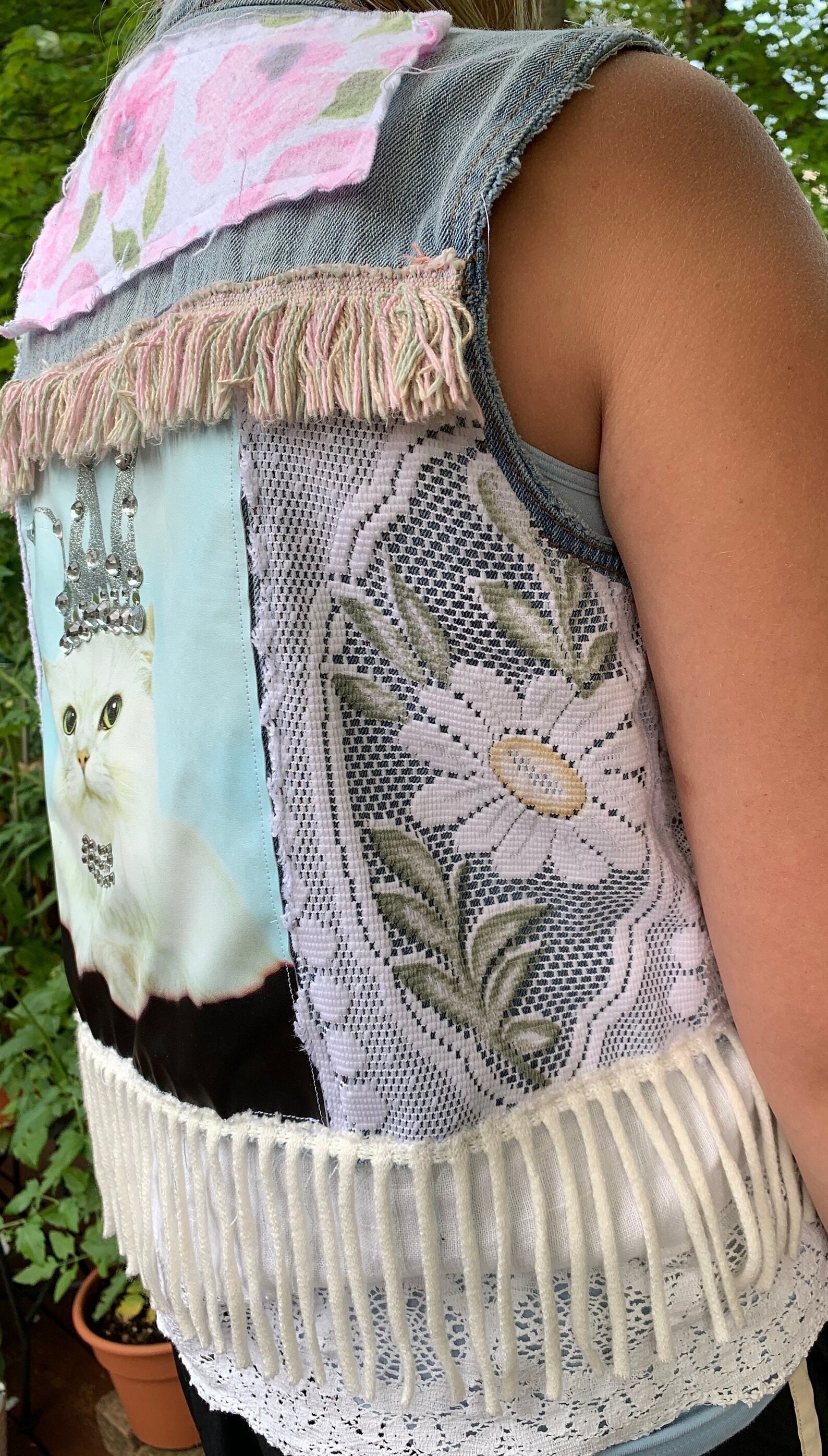 Upcycled Denim Vest, BOHO, Hippie Vest, Fringe Vest, Princess Cat, Lace ...