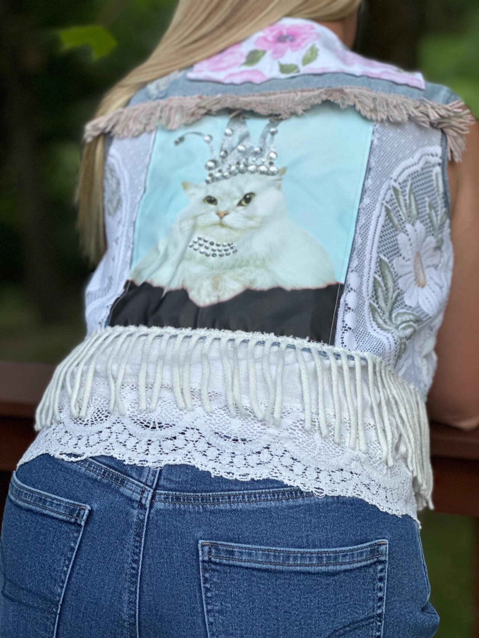 Upcycled Denim Vest, Embellished Lace, Fringe, BOHO Festival Clothing ...
