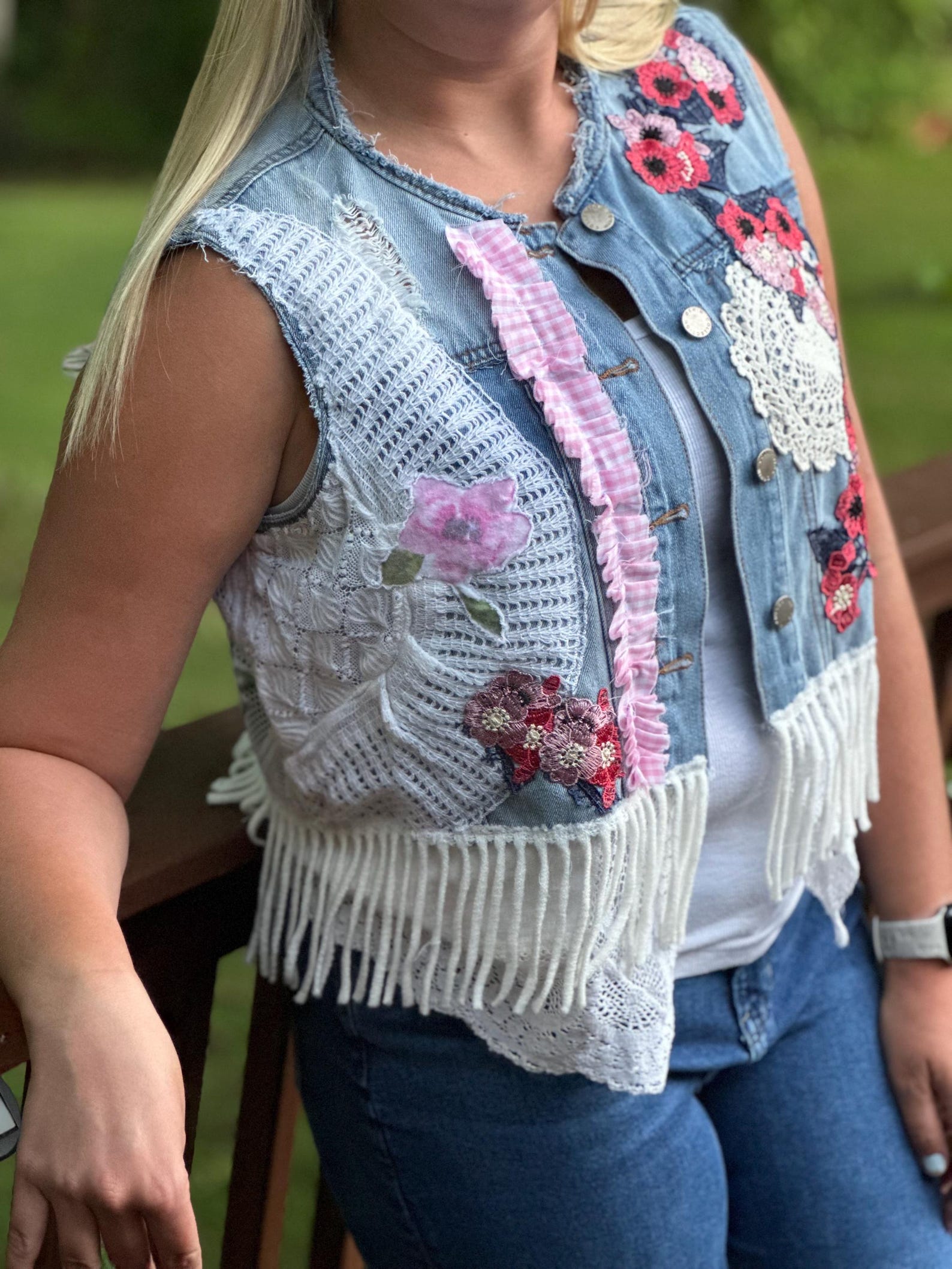 Upcycled Denim Vest, BOHO, Hippie Vest, Fringe Vest, Princess Cat, Lace ...