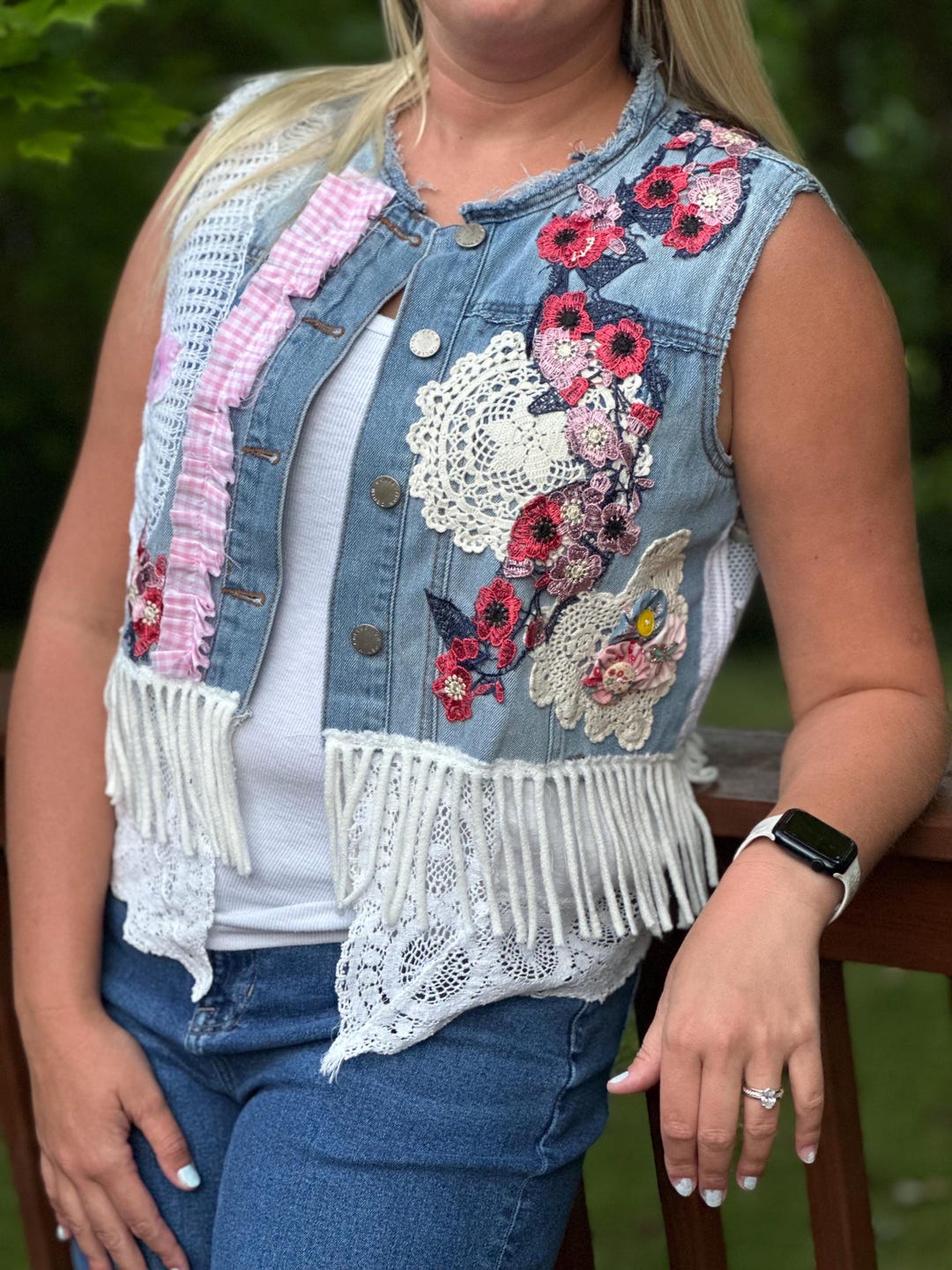Upcycled Denim Vest, Embellished Lace, Fringe, BOHO Festival Clothing ...