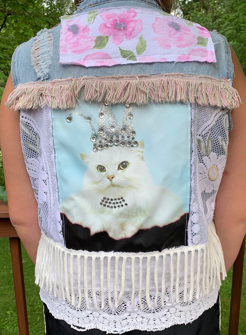 Upcycled Denim Vest, BOHO, Hippie Vest, Fringe Vest, Princess Cat, Lace ...