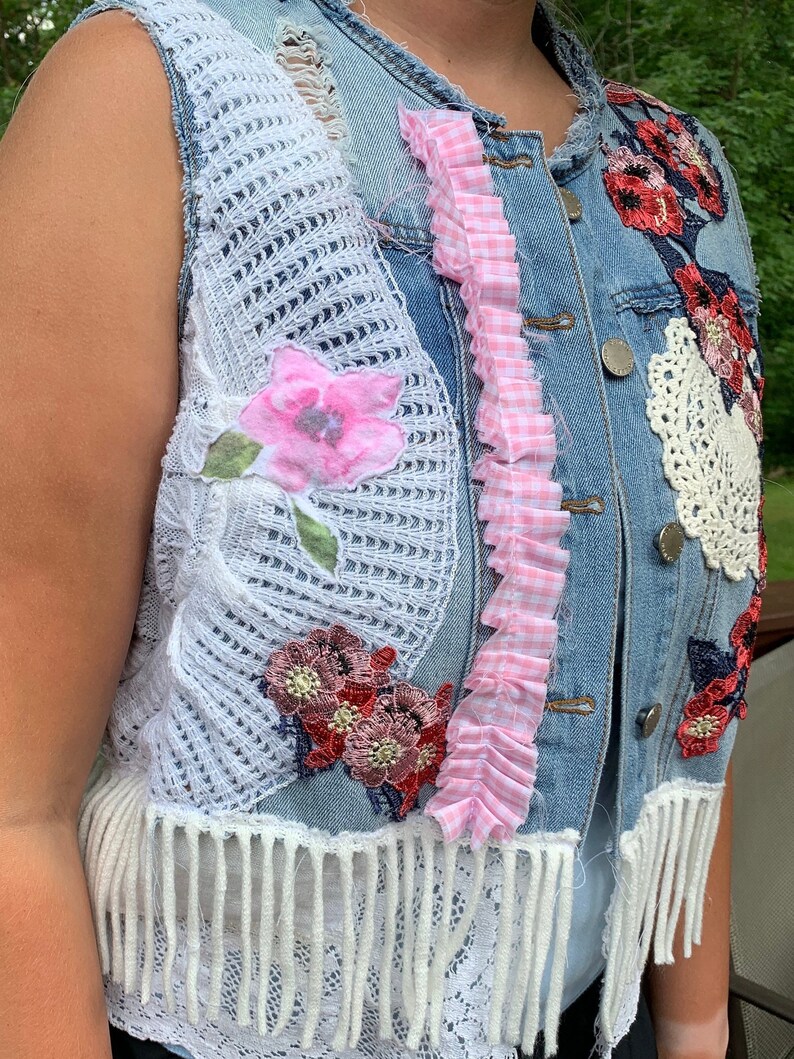 Upcycled Denim Vest, BOHO, Hippie Vest, Fringe Vest, Princess Cat, Lace ...