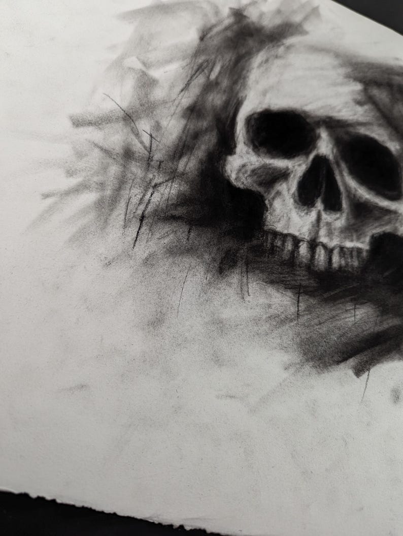 Original Charcoal Skull Drawing Black and White Art Realistic Skull Sketch Gothic Wall Art ...