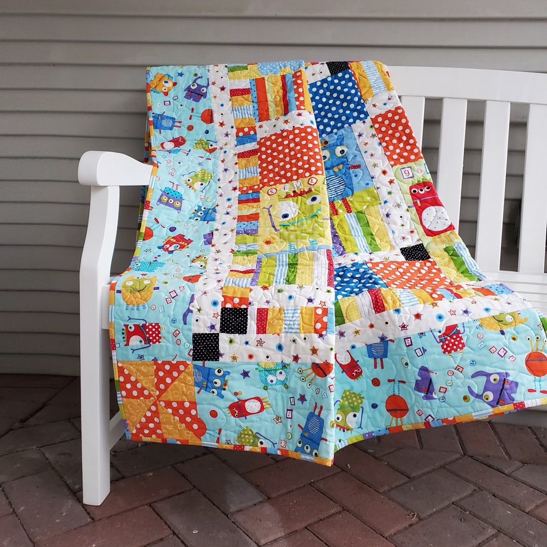 Funny Monsters Patchwork Quilt in Blue - Etsy
