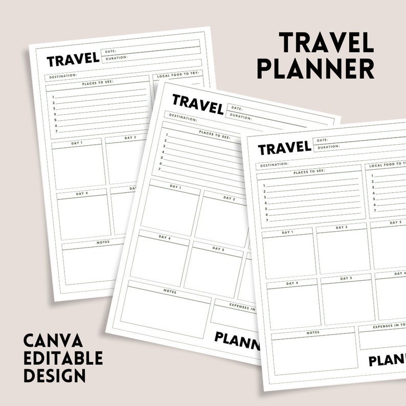Modern Travel Itinerary Planner, Bold Agenda Organizer, Planner Journal ...