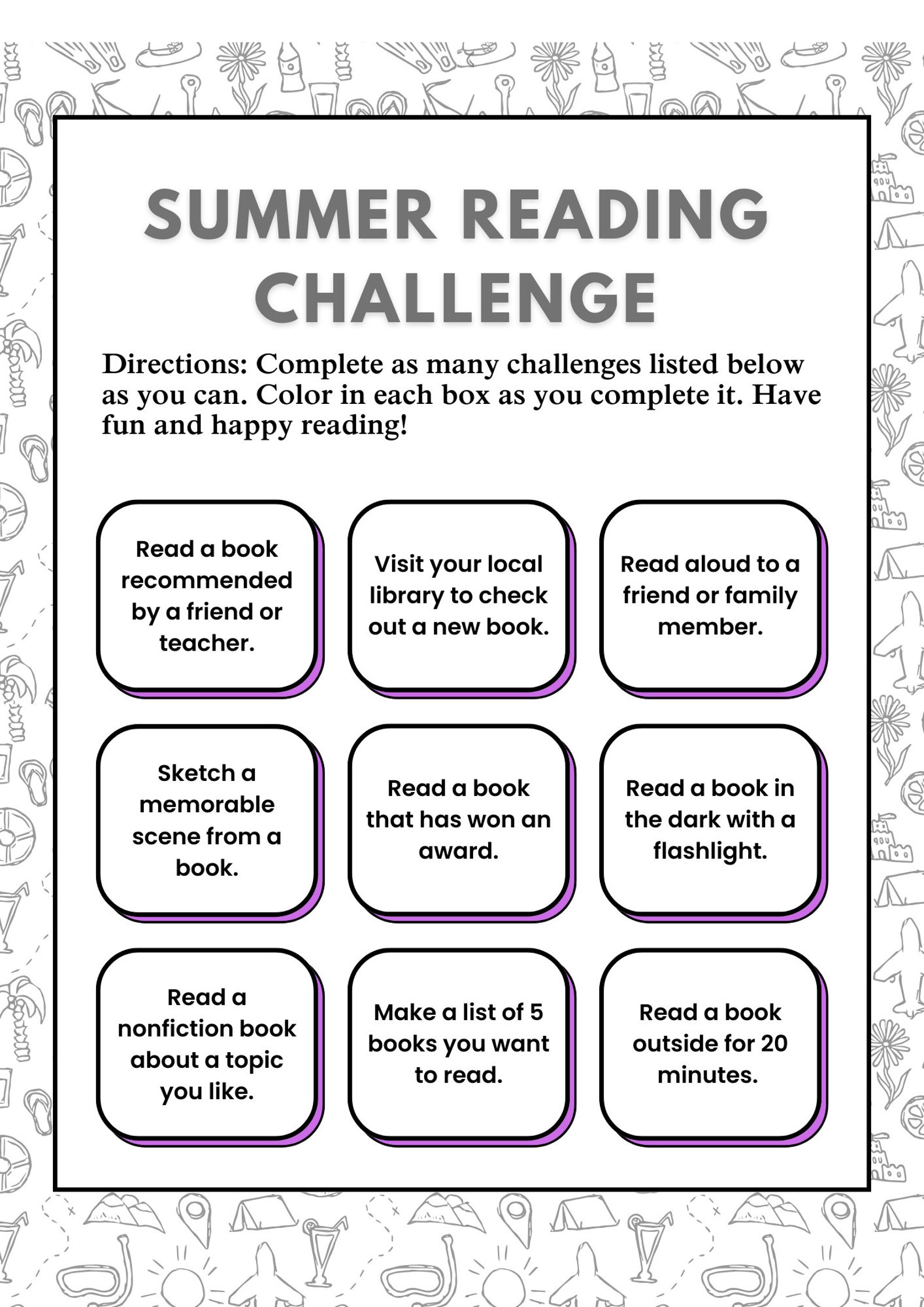 Summer Reading Challenge Printable Worksheet in Teal Yellow Purple ...