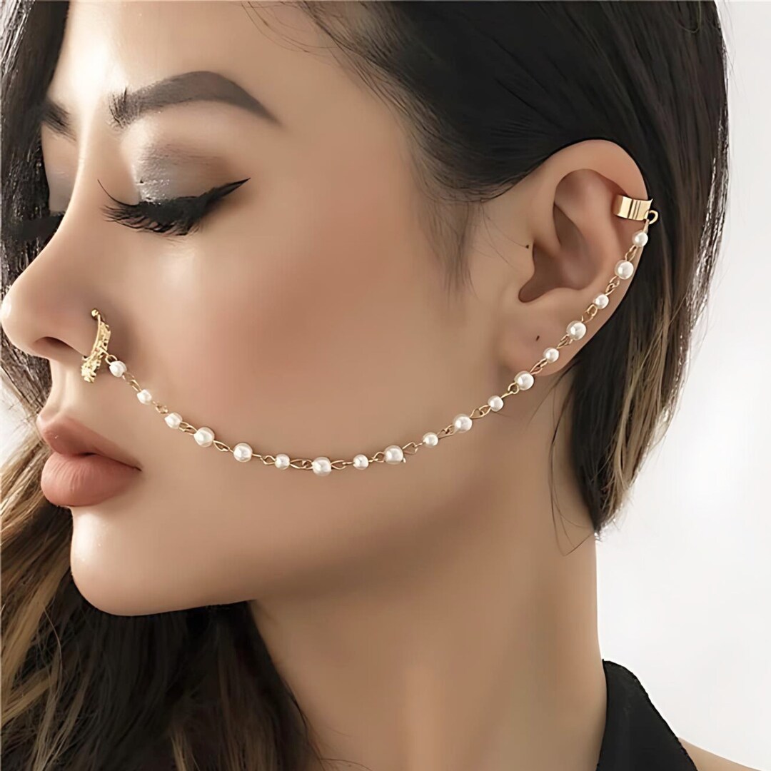 Gold Nose Cuff Set With Nose to Ear Chain Fake Piercing Jewelry, Indian ...