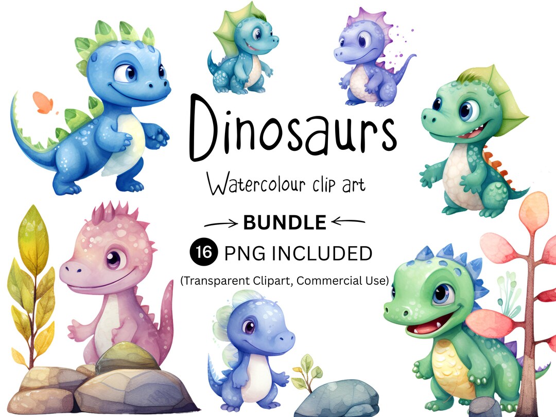 Watercolor Dinosaur Clipart: 16 Baby Dino PNG Images (digital Download ...