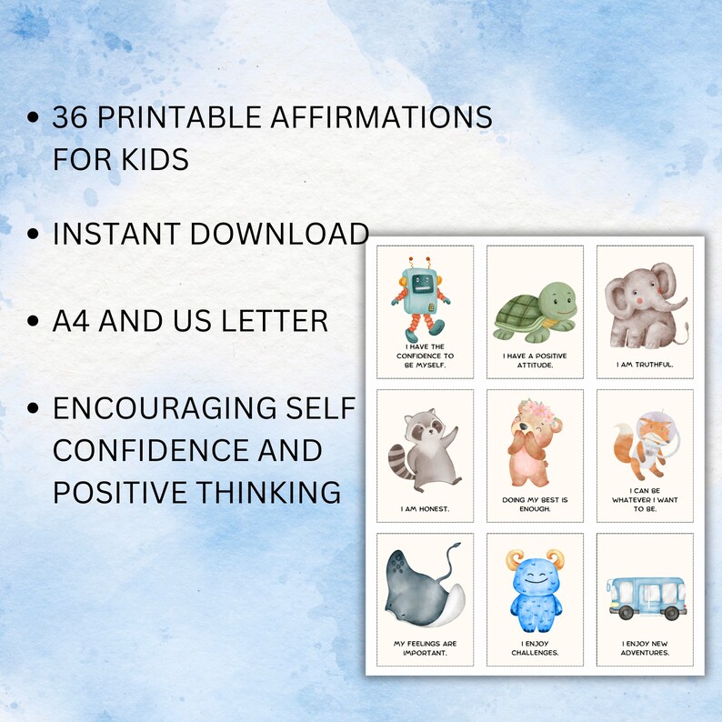 Printable Affirmation Cards for Kids, Watercolour Theme, 36 Printable ...