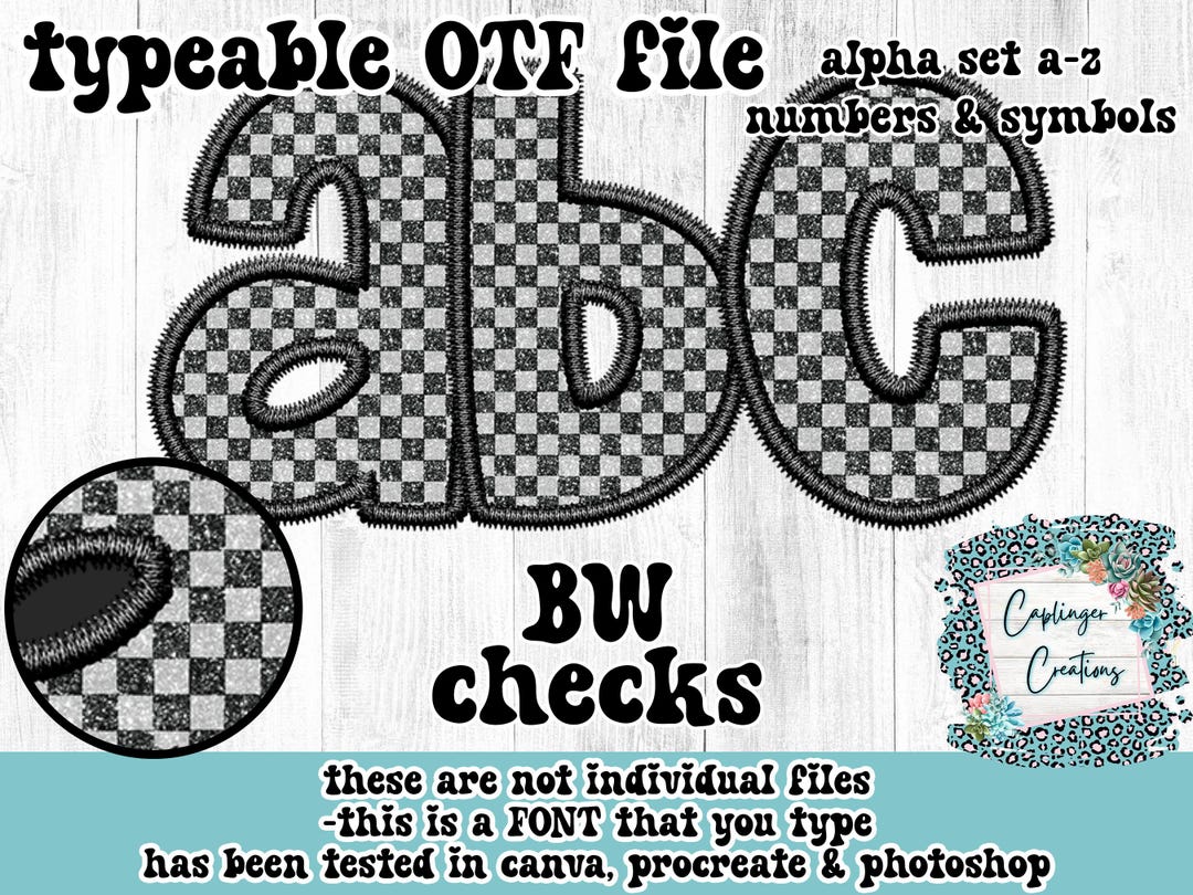 Black & White Checkered Faux Embroidery Glitter Alpha FONT A-Z ...
