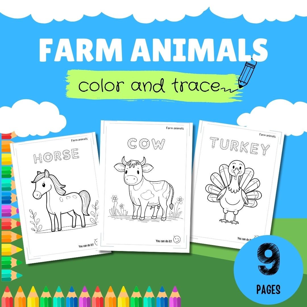 Farm Animals Coloring Pages, Color and Trace the Word, Farm Animals ...